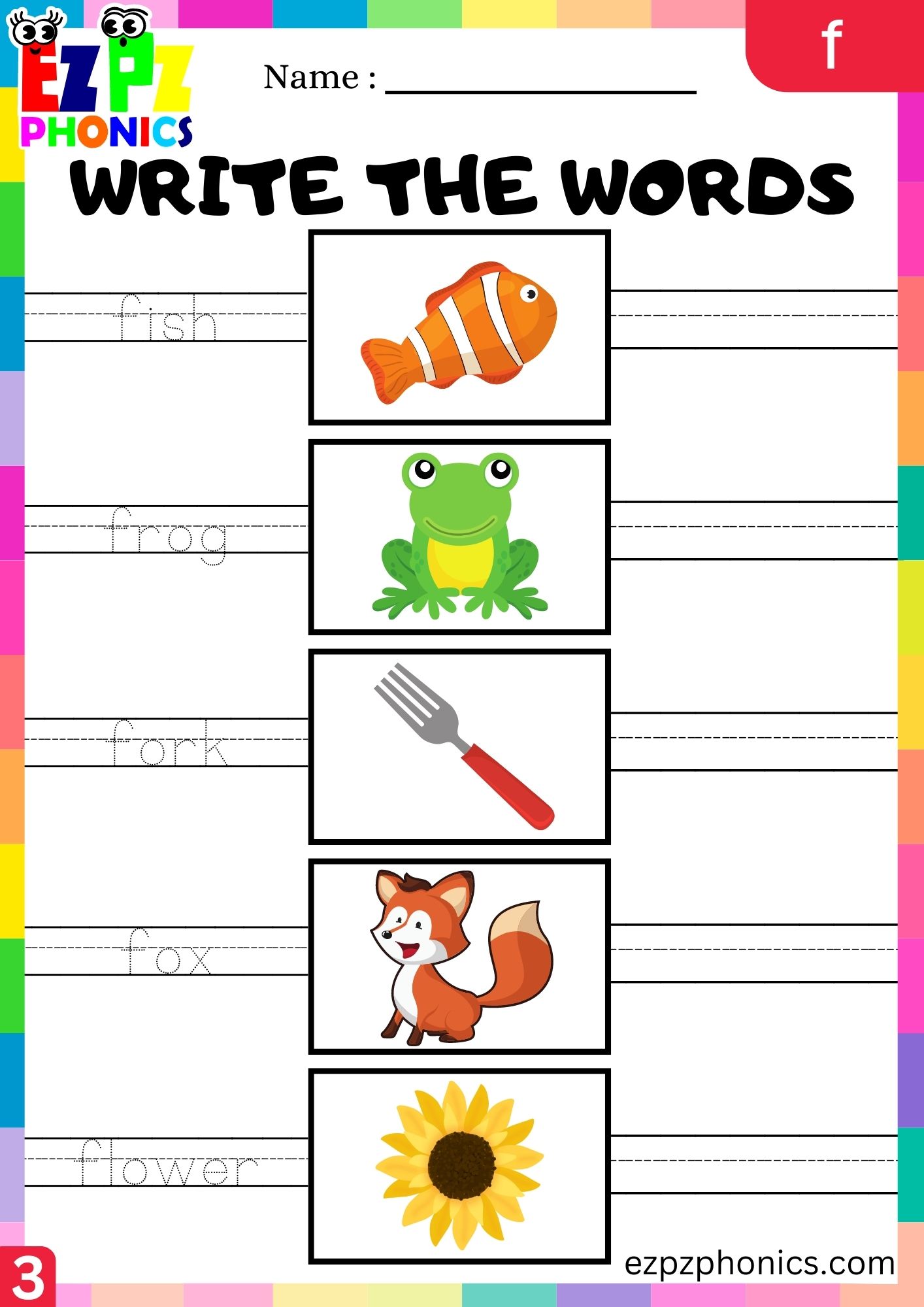 Letter f Write the Words Phonics Activity Group 3 - ezpzphonics.com